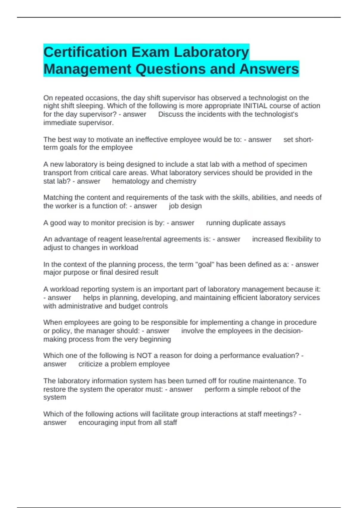 Certification Exam Laboratory Management Questions and Answers ...