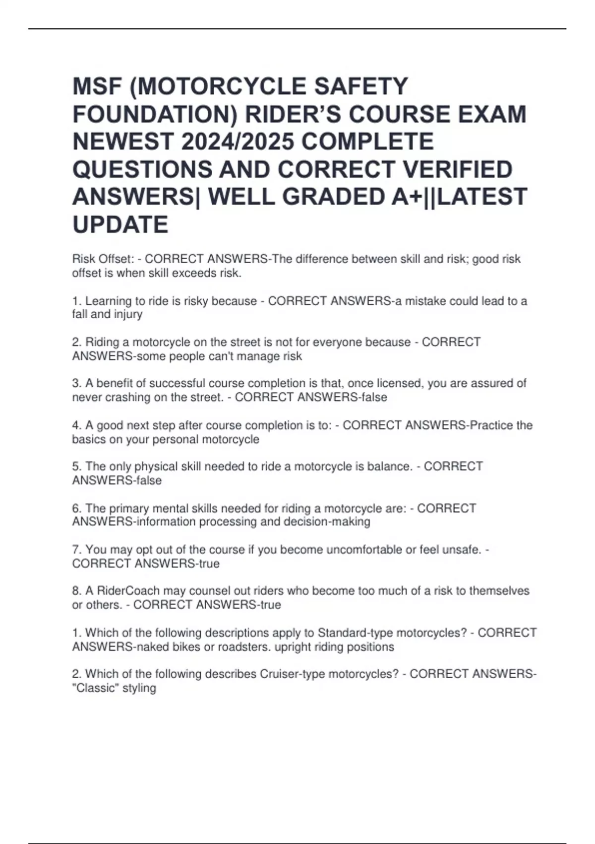 MSF (MOTORCYCLE SAFETY FOUNDATION) RIDER’S COURSE EXAM NEWEST 2024/2025 COMPLETE QUESTIONS AND ...