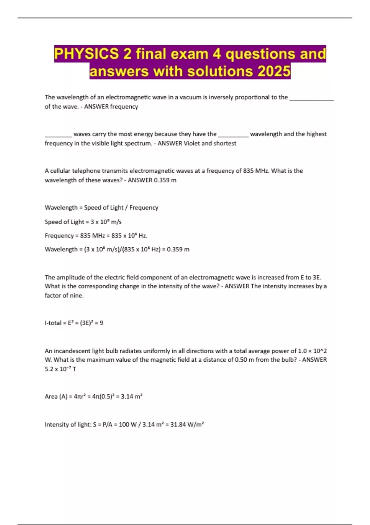 PHYSICS 2 final exam 4 questions and answers with solutions 2025 - Microeconomics - Stuvia US