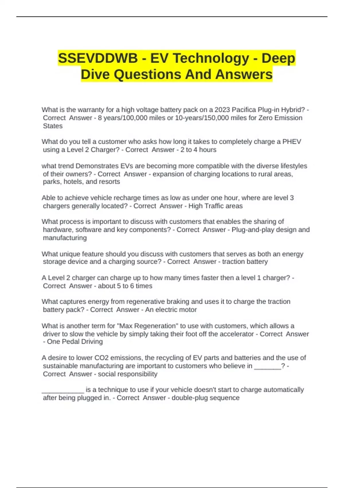 SSEVDDWB - EV Technology - Deep Dive Questions And Answers. - ELECTRIC VEHICLES - Stuvia US