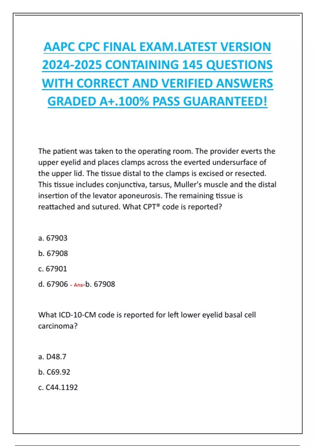 AAPC CPC FINAL EXAM.LATEST VERSION CONTAINING 145 QUESTIONS WITH ...