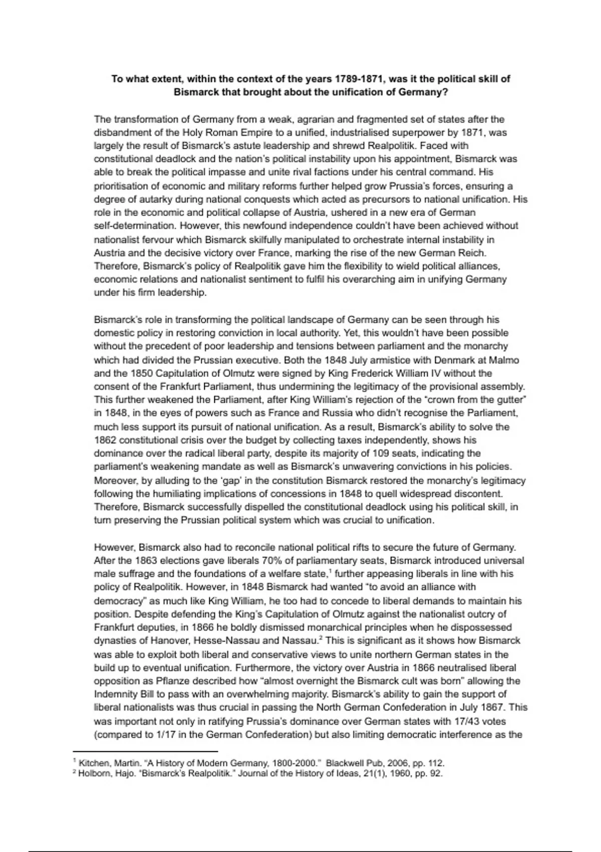 AQA A LEVEL History: NEA Model A* Essay (German Unification ...