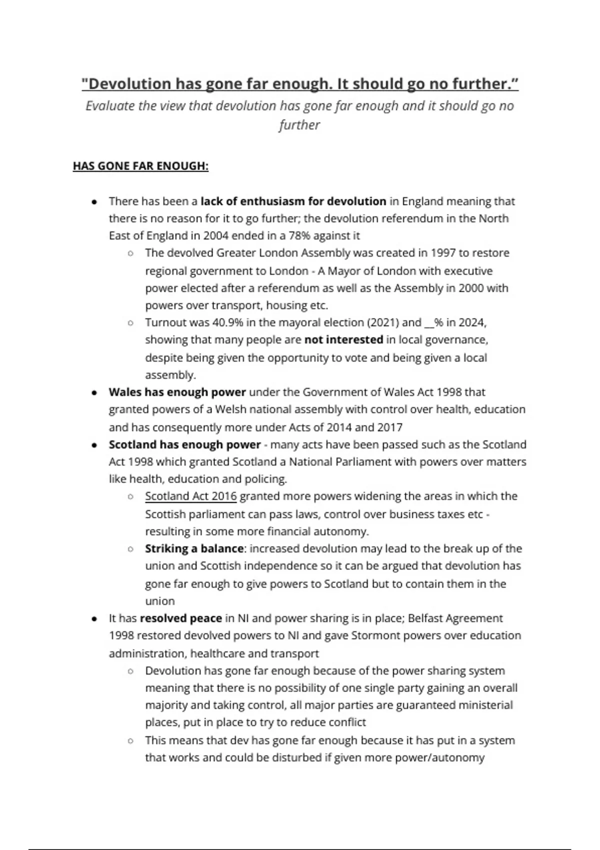 "Devolution has gone far enough. It should go no further.” - Devolution - Stuvia UK