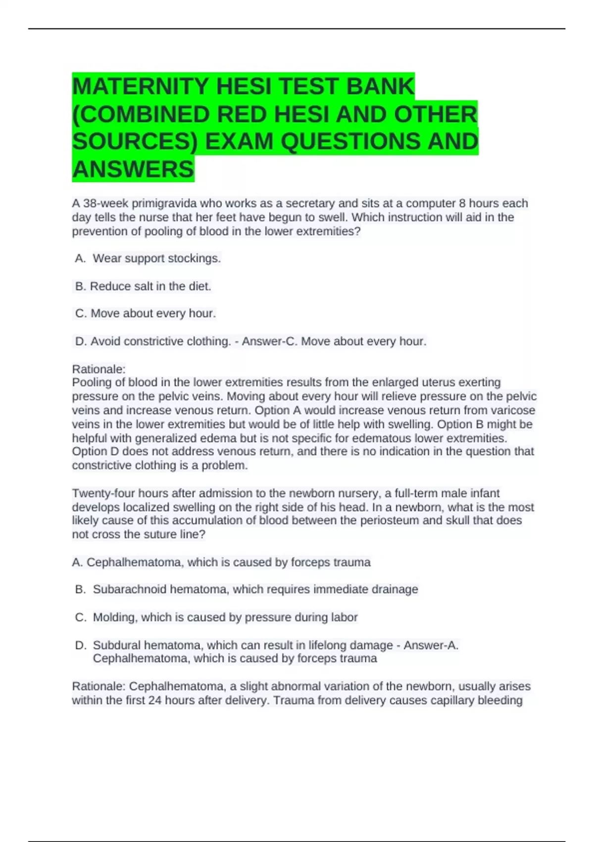 MATERNITY HESI TEST BANK (COMBINED RED HESI AND OTHER SOURCES) EXAM ...