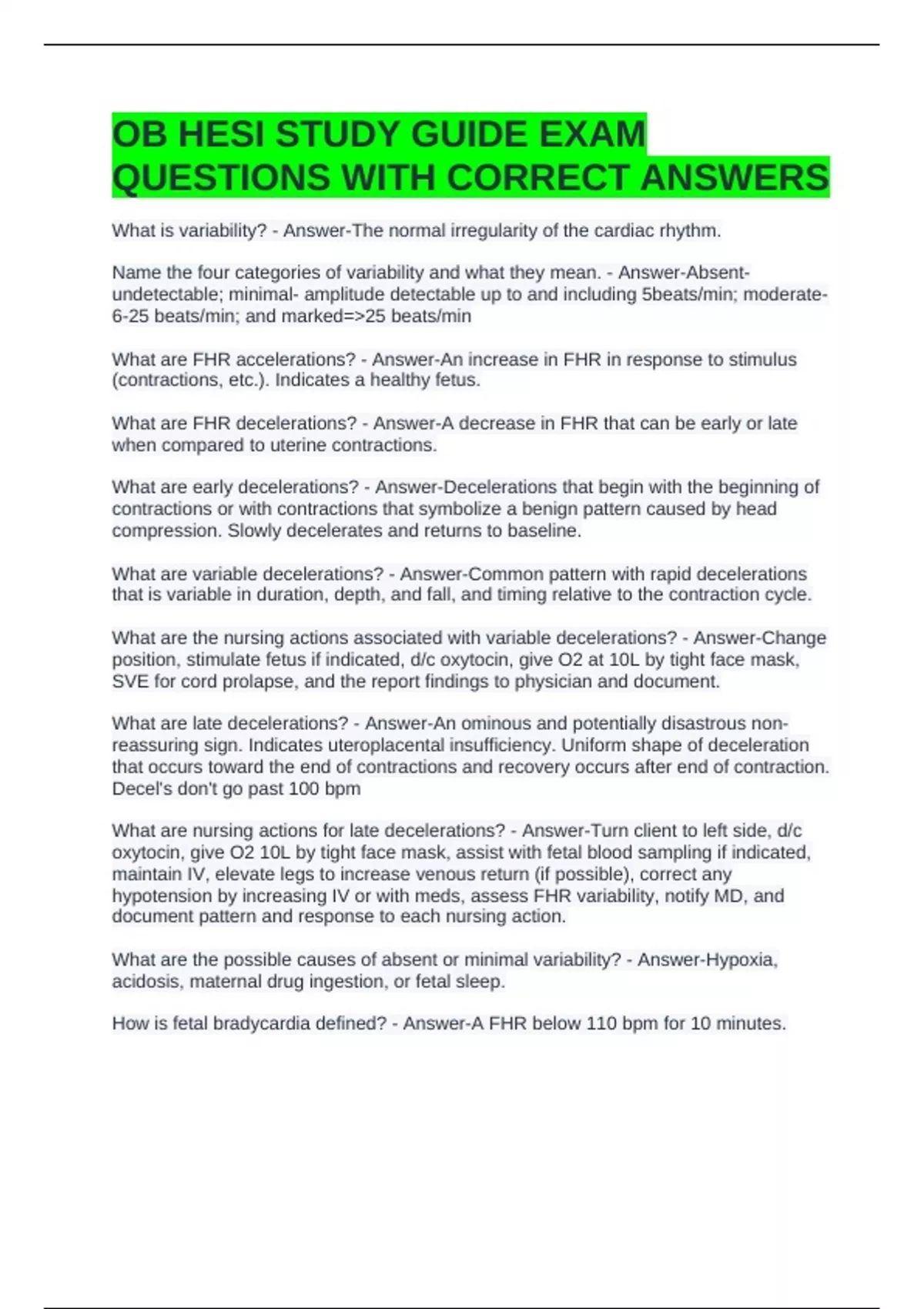 OB HESI STUDY GUIDE EXAM QUESTIONS WITH CORRECT ANSWERS - OB HESI ...