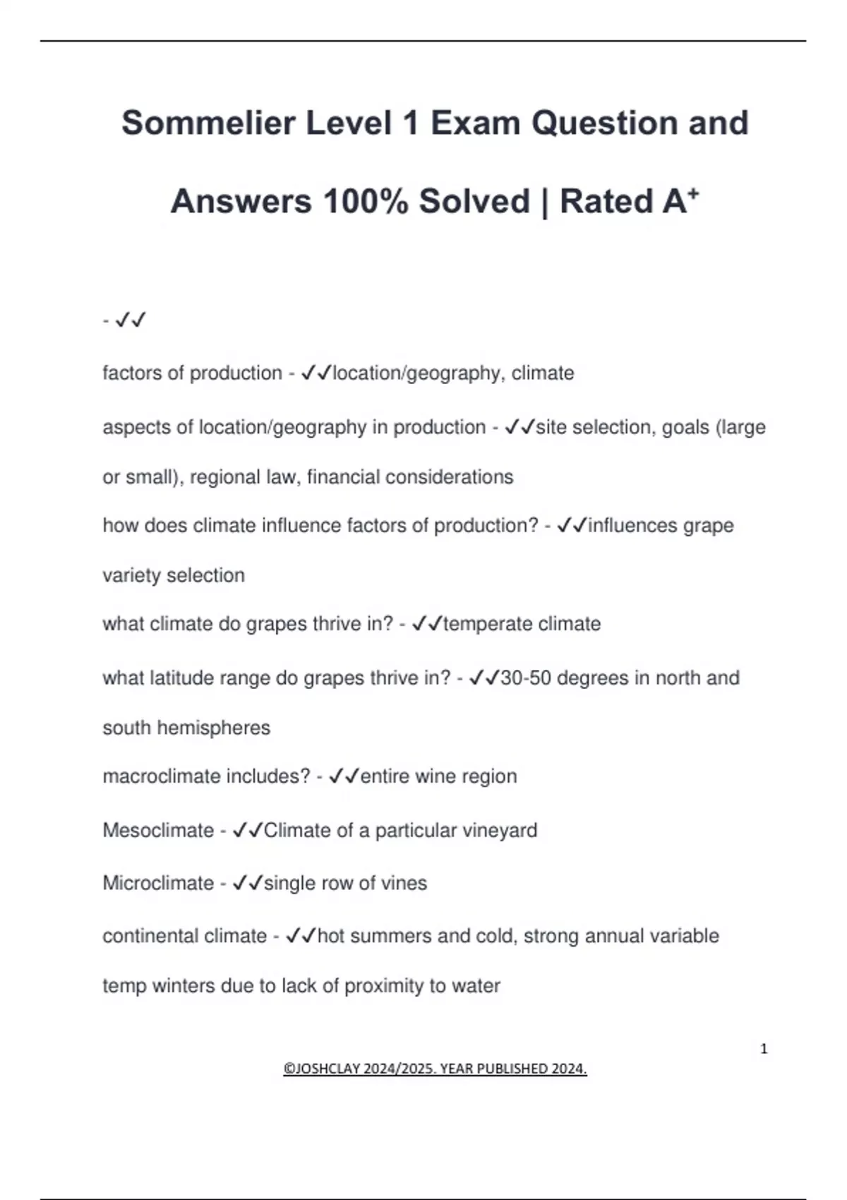 Sommelier Level 1 Exam Question and Answers 100% Solved | Rated A+ ...
