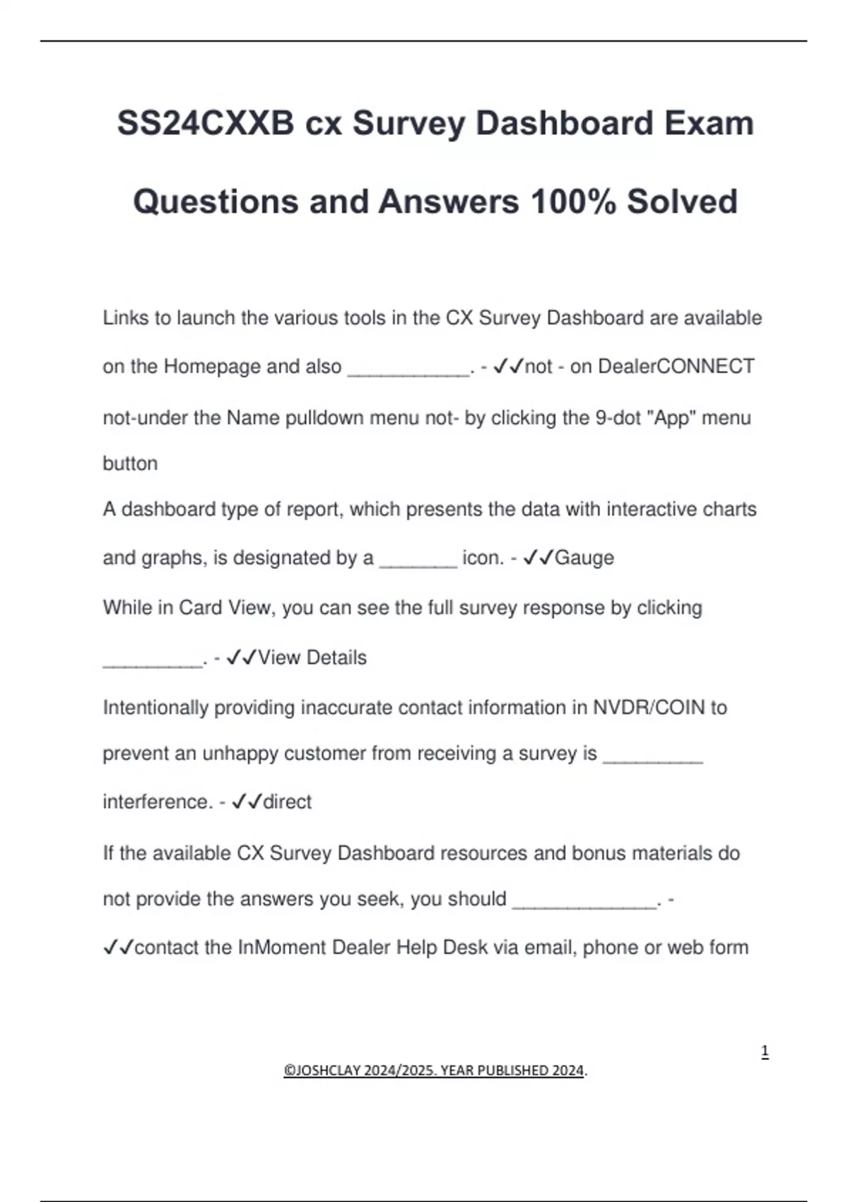 SS24CXXB cx Survey Dashboard Exam Questions and Answers 100% Solved ...