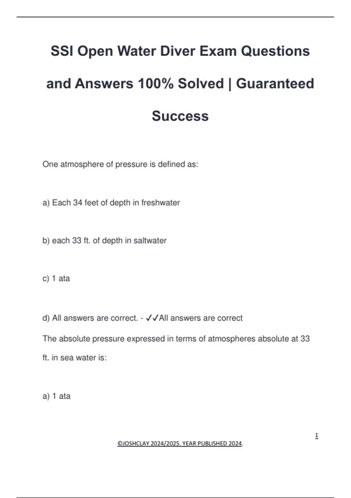 SSI Open Water Diver Exam Questions and Answers 100% Solved ...