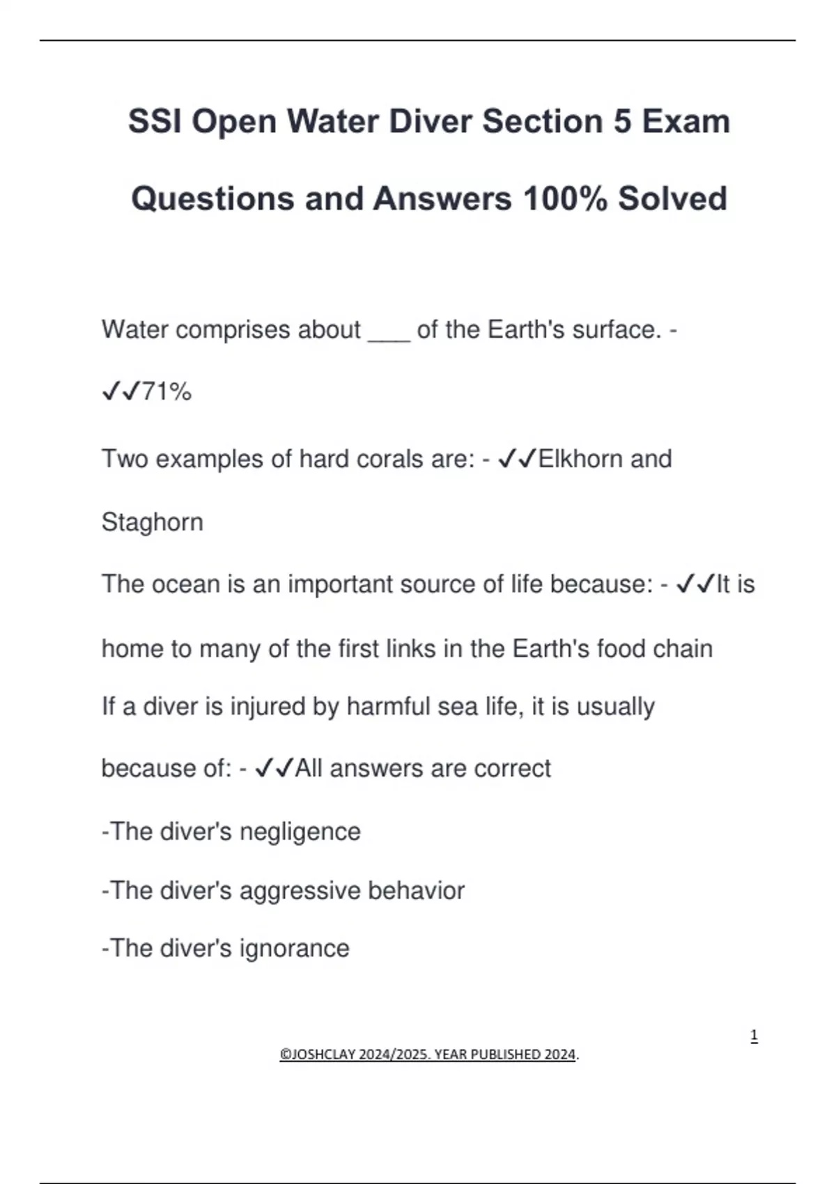 SSI Open Water Diver Section 5 Exam Questions and Answers 100% Solved ...