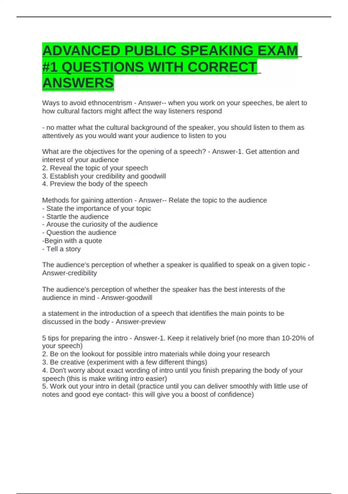 ADVANCED PUBLIC SPEAKING EXAM #1 QUESTIONS WITH CORRECT ANSWERS ...