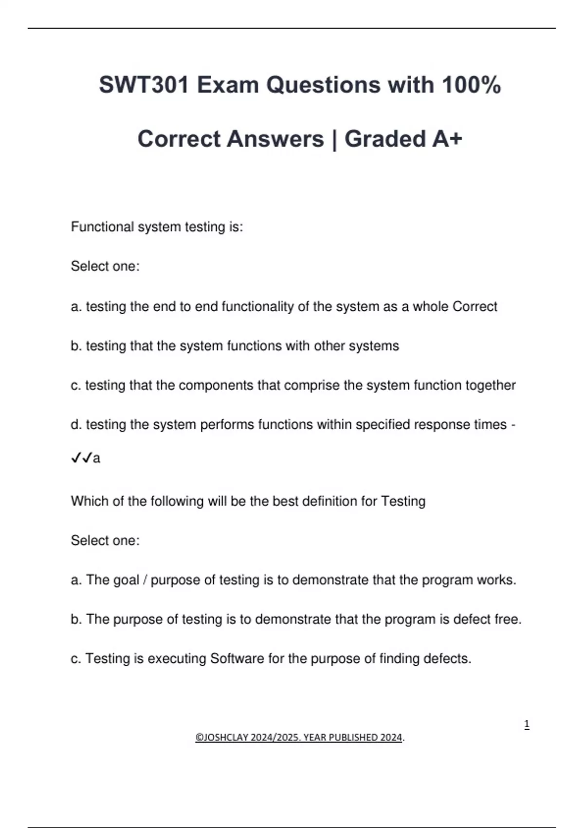 SWT301 Exam Questions with 100% Correct Answers | Graded A+ - SWT301 ...