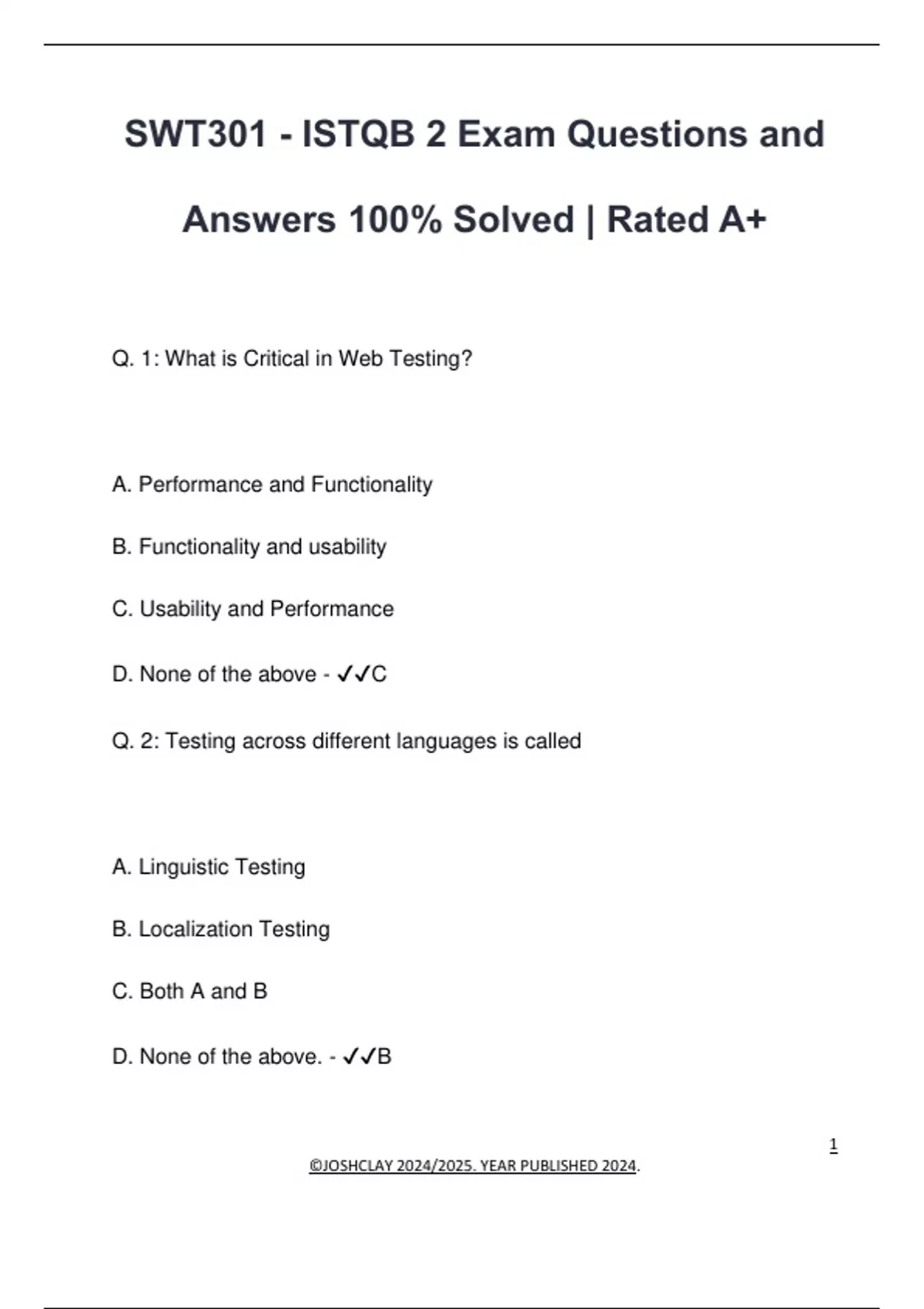 SWT301 - ISTQB 2 Exam Questions and Answers 100% Solved | Rated A+ - SWT301 - Stuvia US