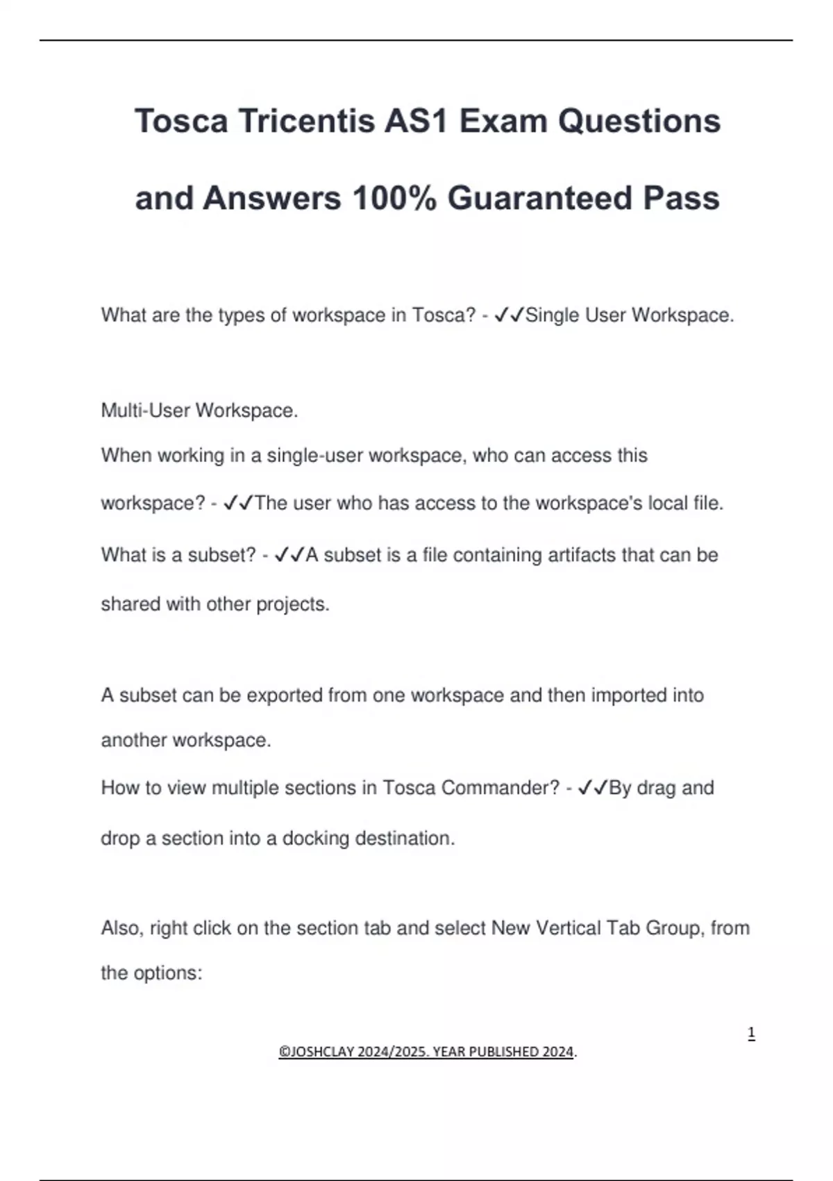 Tosca Tricentis AS1 Exam Questions and Answers 100% Guaranteed Pass - Tosca Tricentis AS1 ...