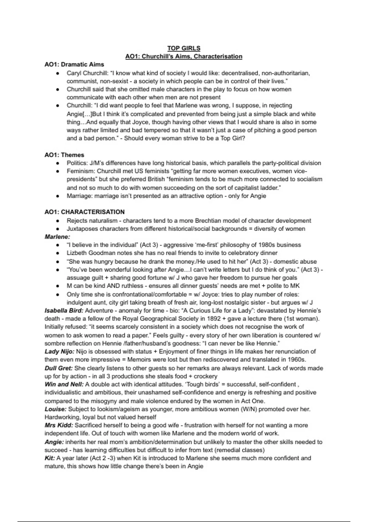 Summary AQA A LEVEL English Literature A: Top Girls Complete Notes ...