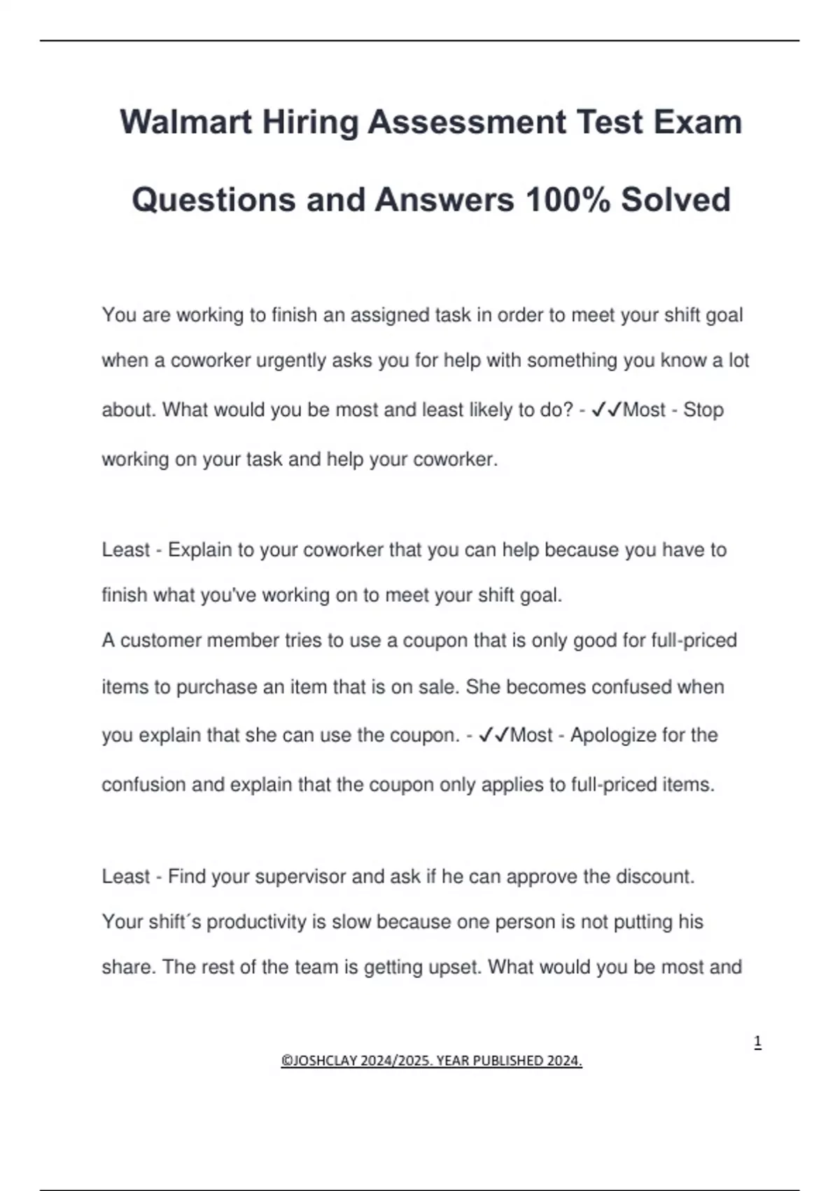 Walmart Hiring Assessment Test Exam Questions and Answers 100% Solved ...
