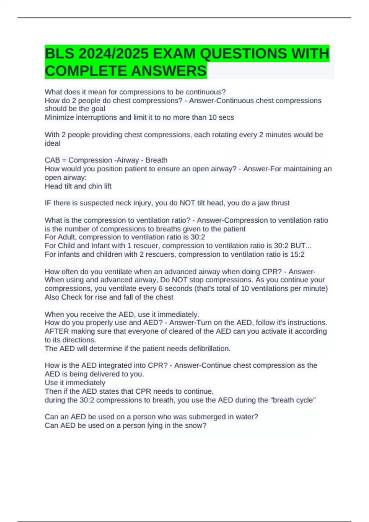 BLS 2024/2025 EXAM QUESTIONS WITH COMPLETE ANSWERS - BLS - Stuvia US