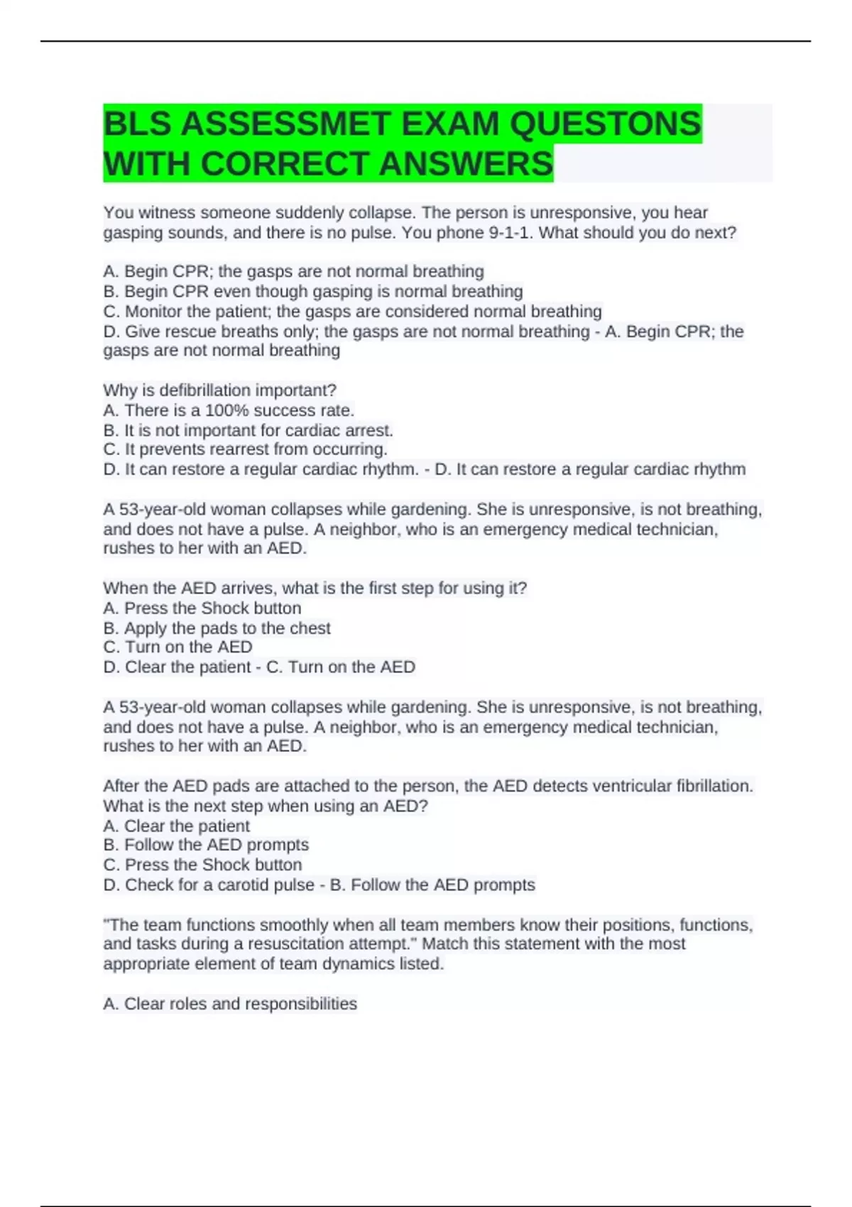 BLS ASSESSMET EXAM QUESTONS WITH CORRECT ANSWERS - BLS - Stuvia US