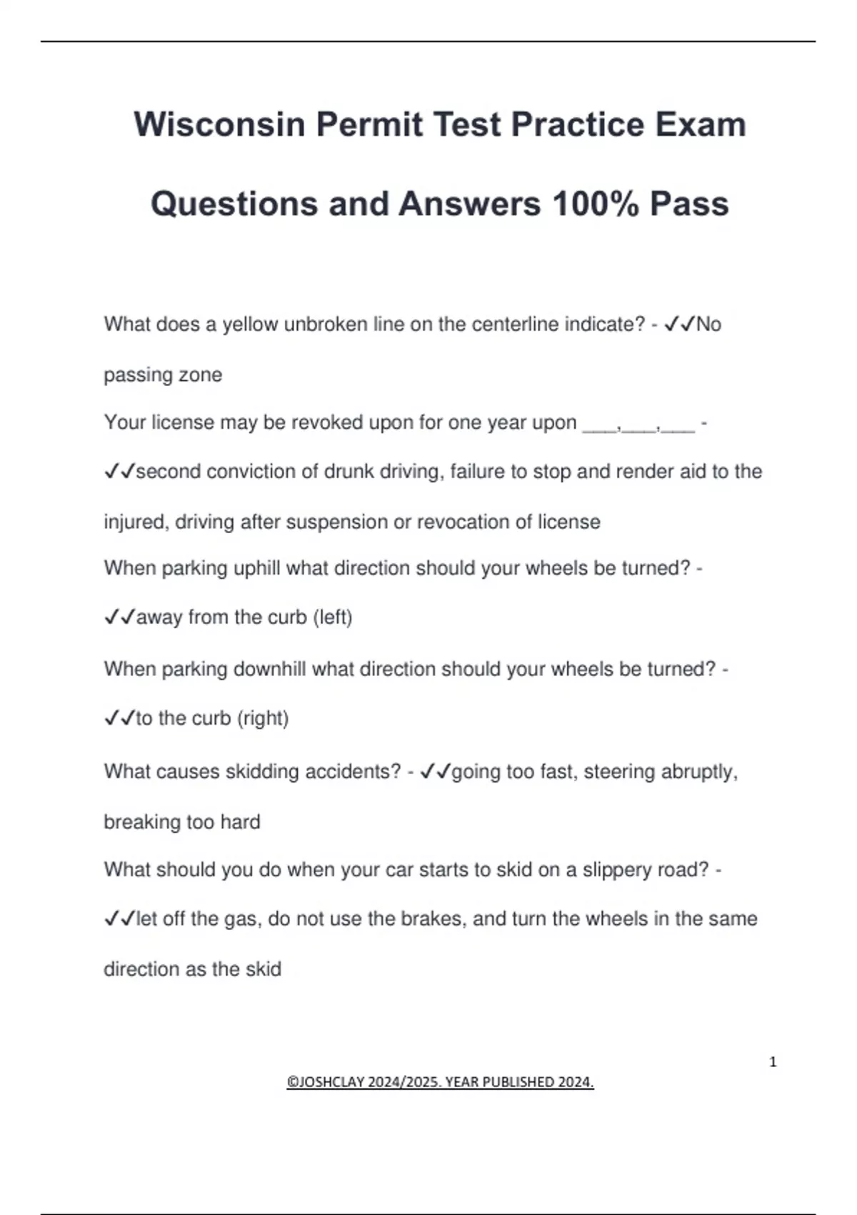 Wisconsin Permit Test Practice Exam Questions and Answers 100% Pass ...