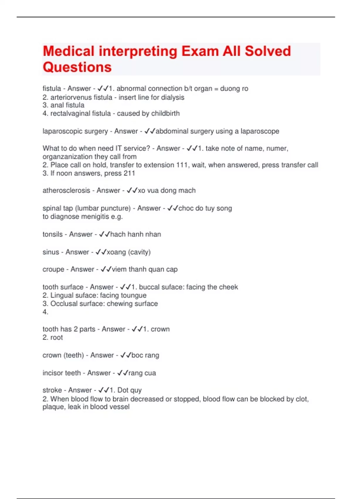 Medical interpreting Exam All Solved Questions - Medical interpreting ...