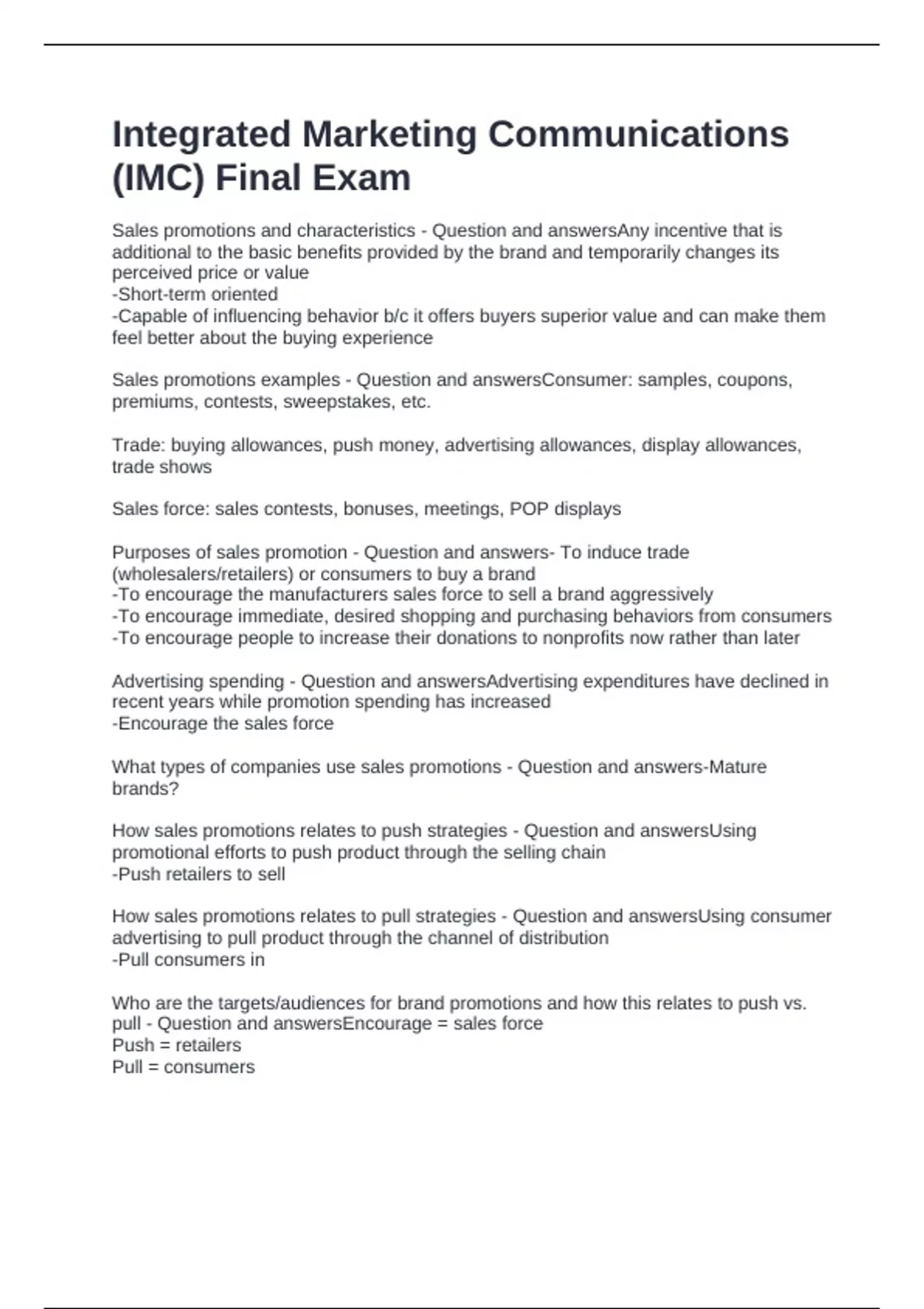 Integrated Marketing Communications (IMC) Final Exam with Questions and ...