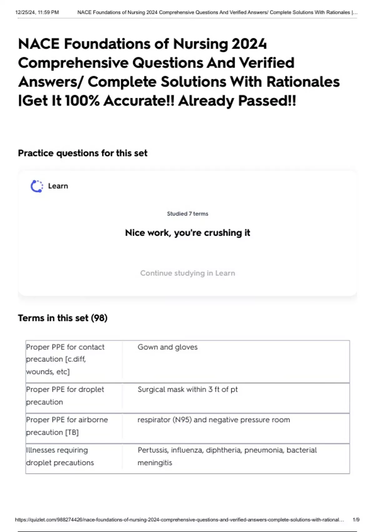 NACE Foundations of Nursing 2024 Comprehensive Questions And Verified ...
