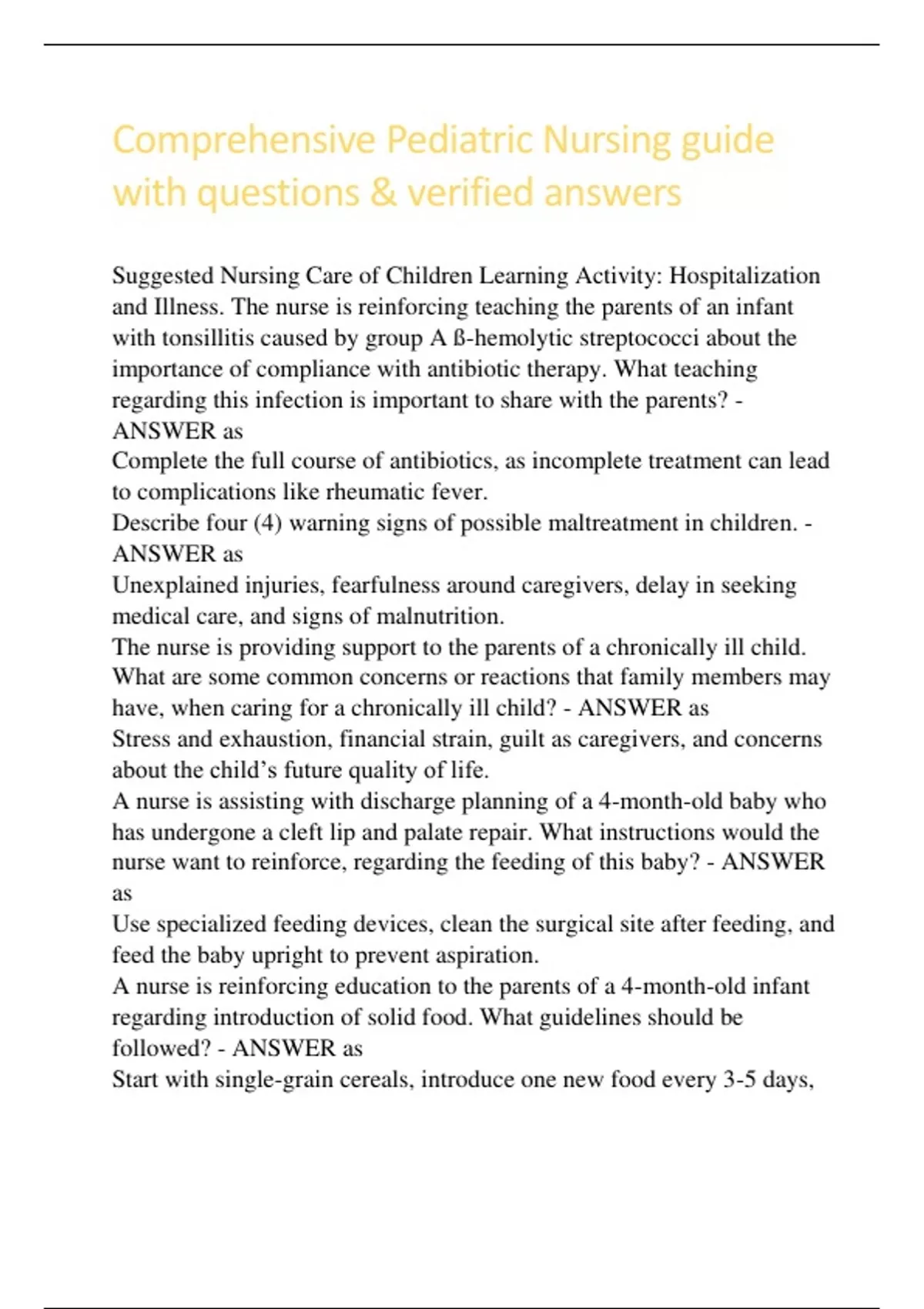 Comprehensive Pediatric Nursing guide with questions & verified answers - Comprehensive ...