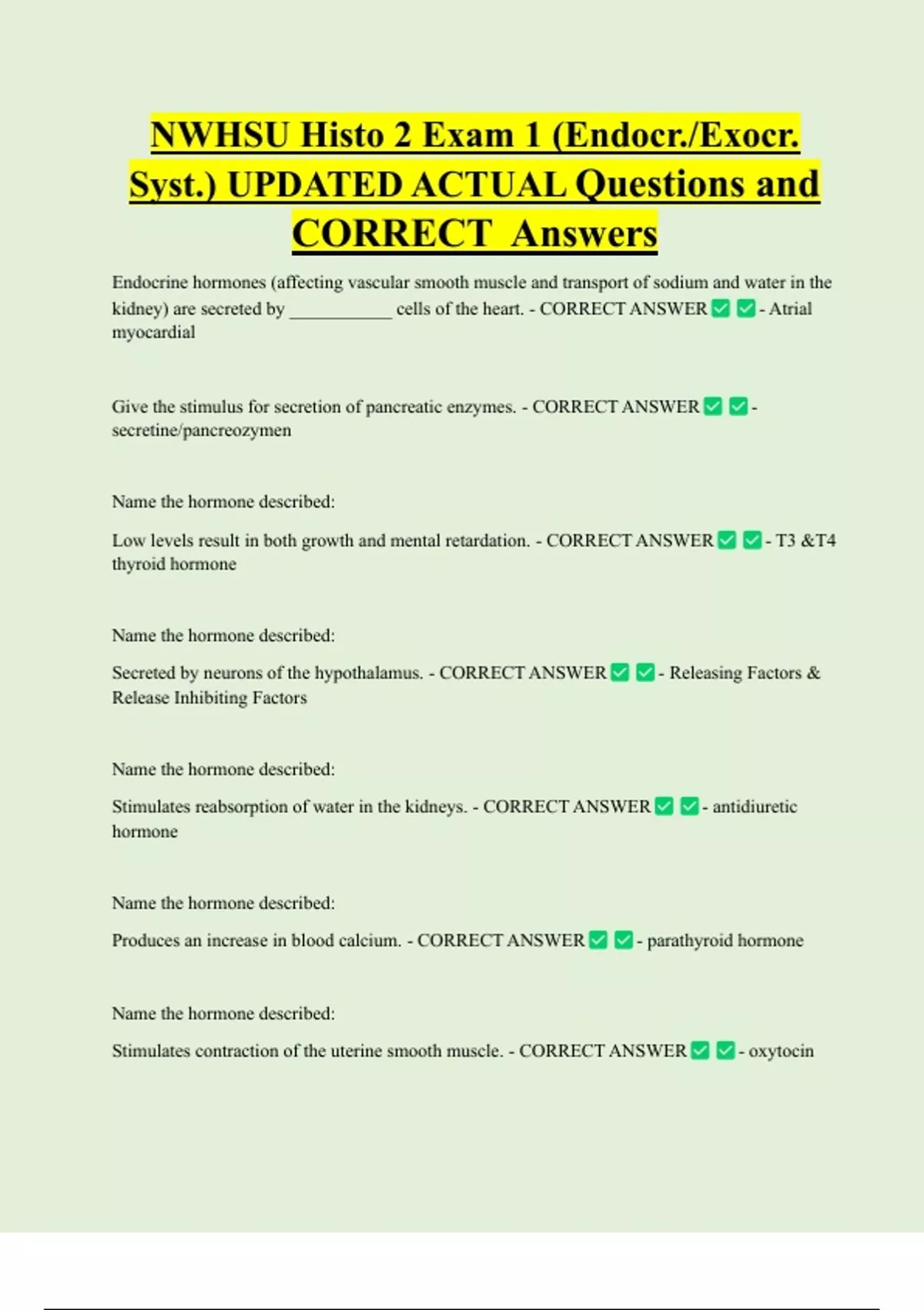 NWHSU Histo 2 Exam 1 (Endocr./Exocr. Syst.) UPDATED ACTUAL Questions ...