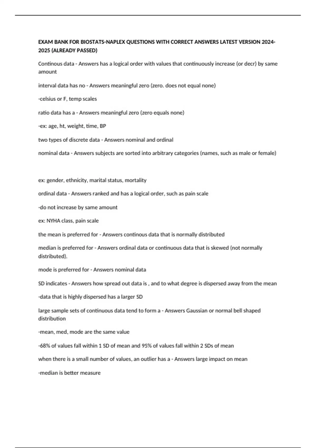 EXAM BANK FOR BIOSTATS-NAPLEX QUESTIONS WITH CORRECT ANSWERS LATEST ...