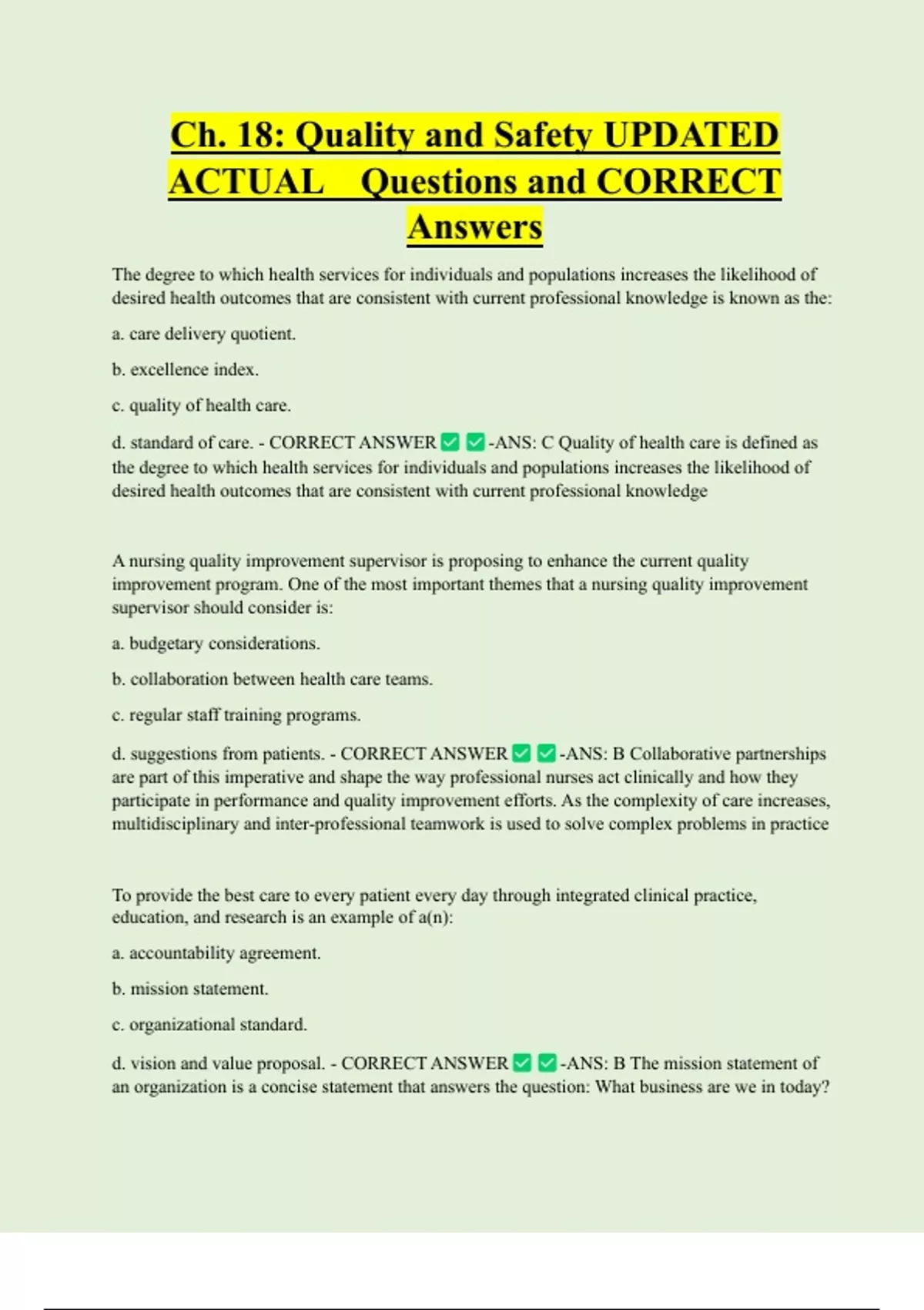 Ch. 18: Quality and Safety UPDATED ACTUAL Questions and CORRECT Answers - Health Care Quality ...