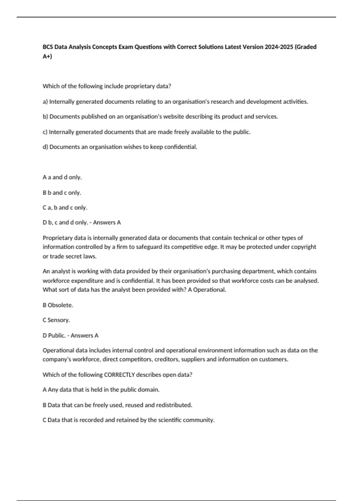 BCS Data Analysis Concepts Exam Questions with Correct Solutions Latest ...