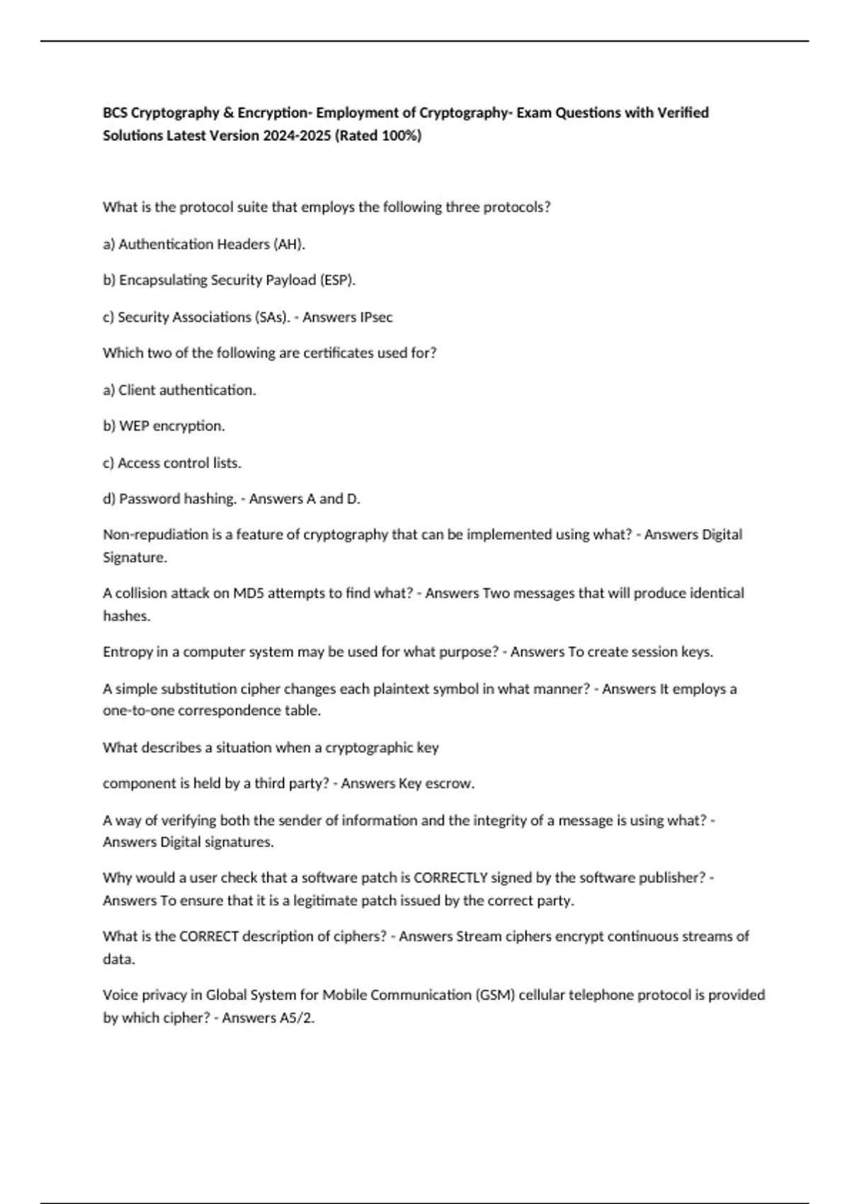BCS Cryptography & Encryption- Employment of Cryptography- Exam Questions with Verified ...