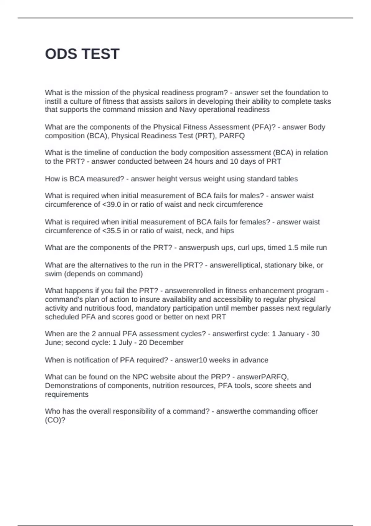 ODS TEST QUESTIONS WITH CORRECT ANSWERS 2024 - ODS - Stuvia US