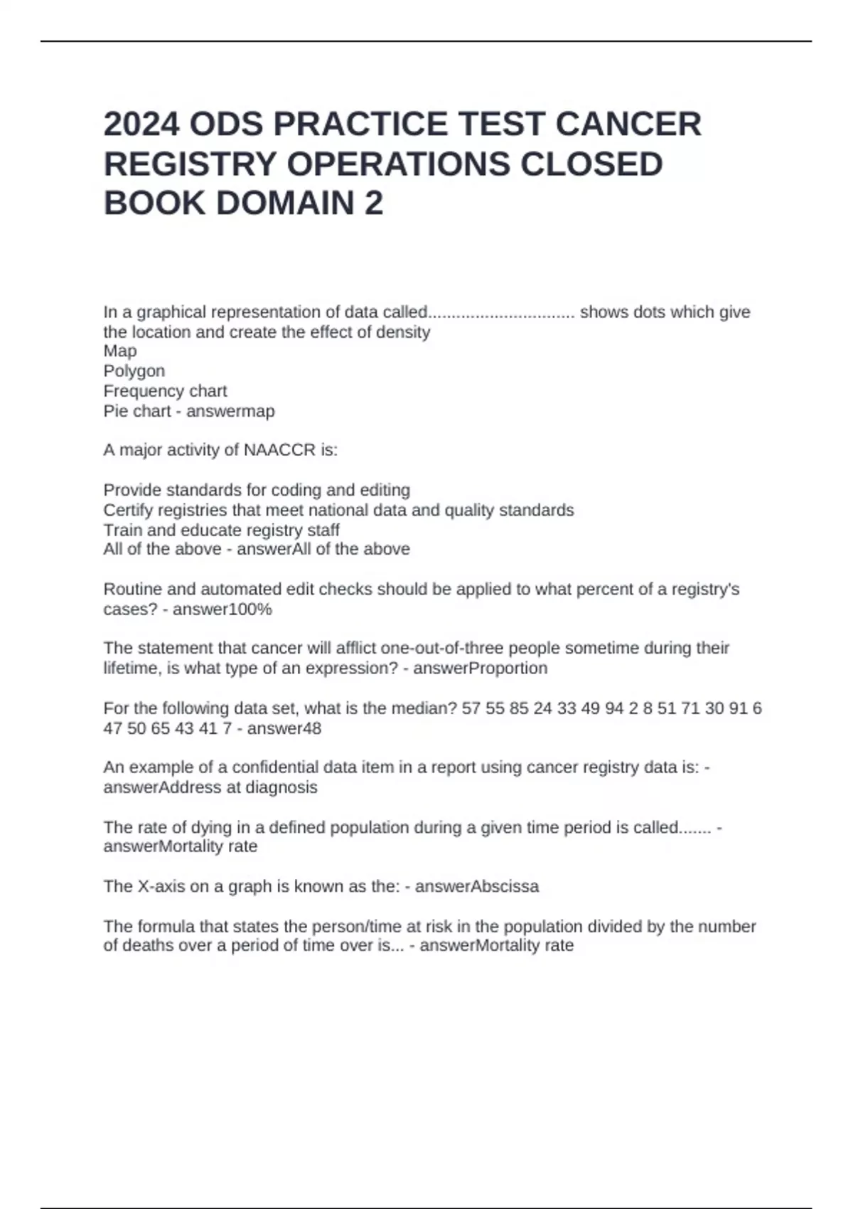2024 ODS PRACTICE TEST CANCER REGISTRY OPERATIONS CLOSED BOOK DOMAIN 2 ...