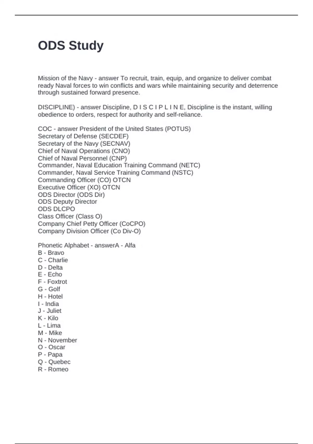 ODS Study Questions with Solutions - ODS - Stuvia US