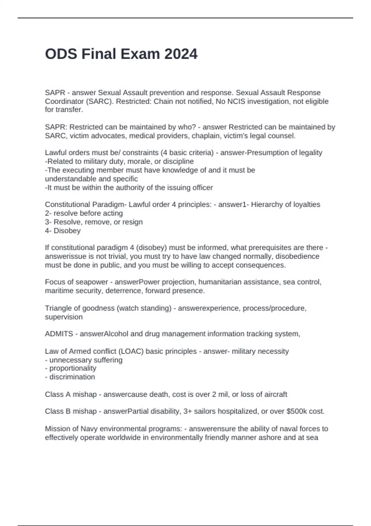 ODS Final Exam 2024 Questions with Solutions - ODS - Stuvia US