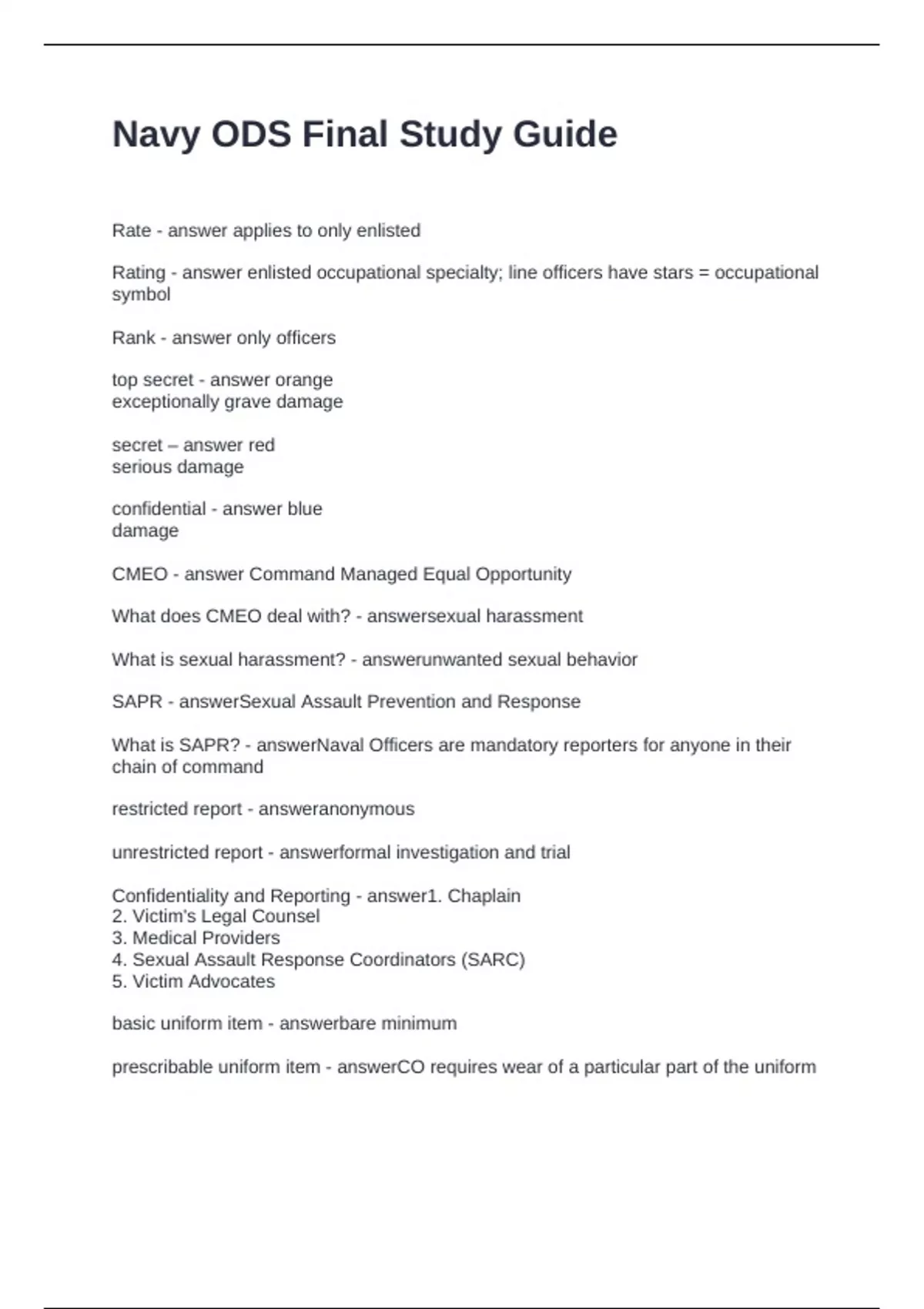 Navy ODS Final Study Guide Questions with Solutions 2024 - ODS - Stuvia US