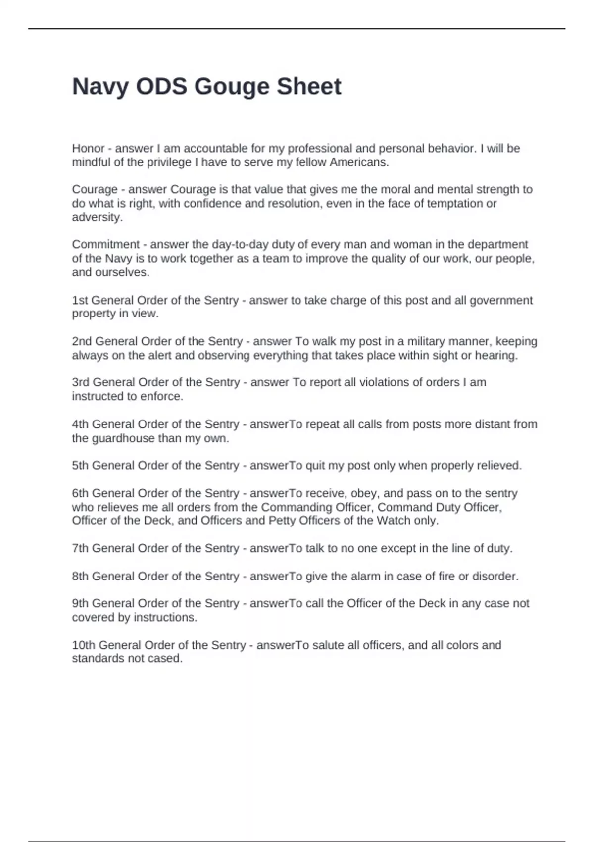 Navy ODS Gouge Sheet Questions with Accurate Answers 2024 - ODS - Stuvia US