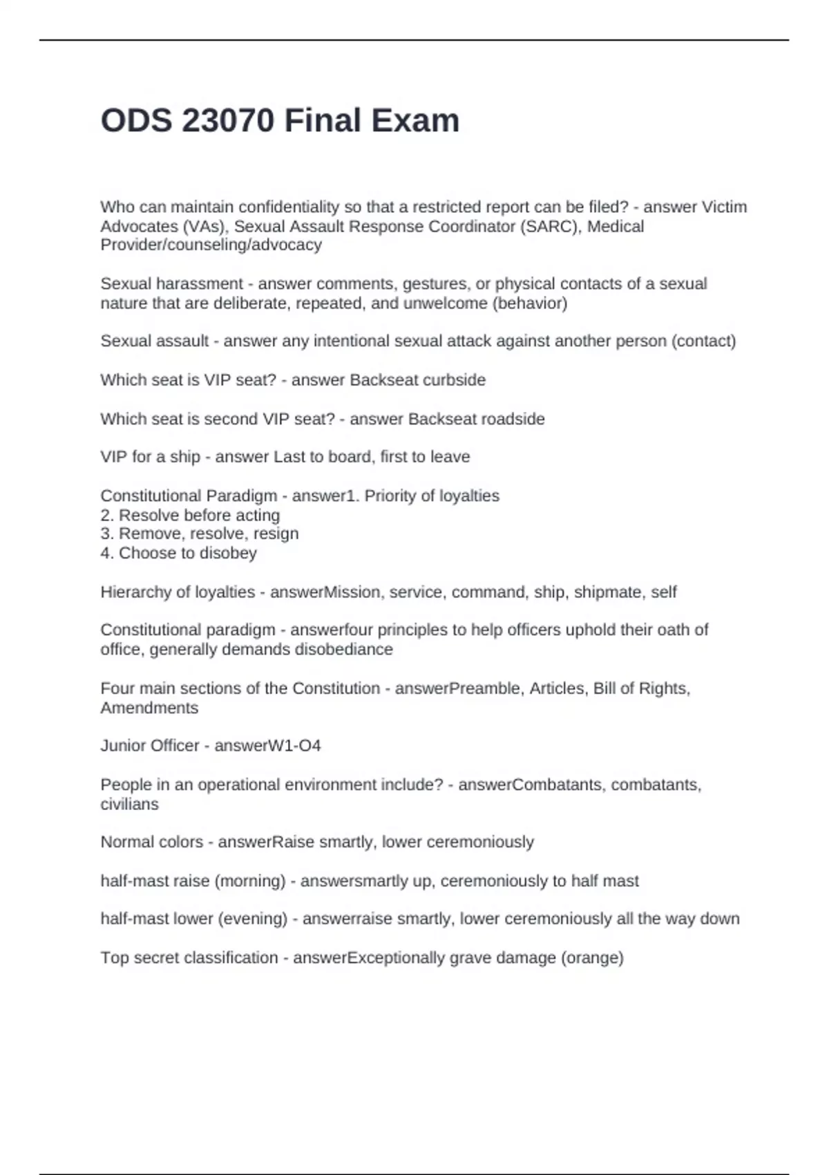 ODS 23070 Final Exam Questions with Solutions 2024 - ODS - Stuvia US