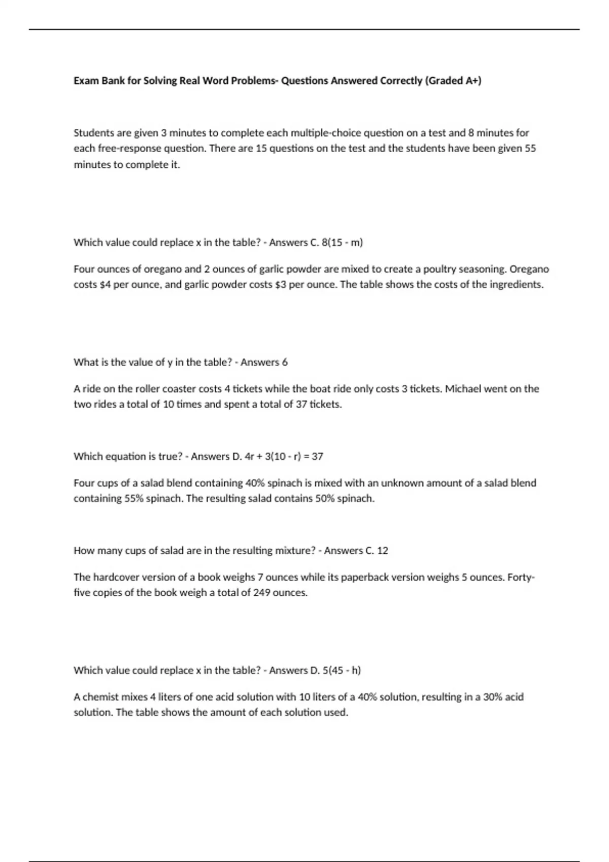 Exam Bank for Solving Real Word Problems- Questions Answered Correctly ...