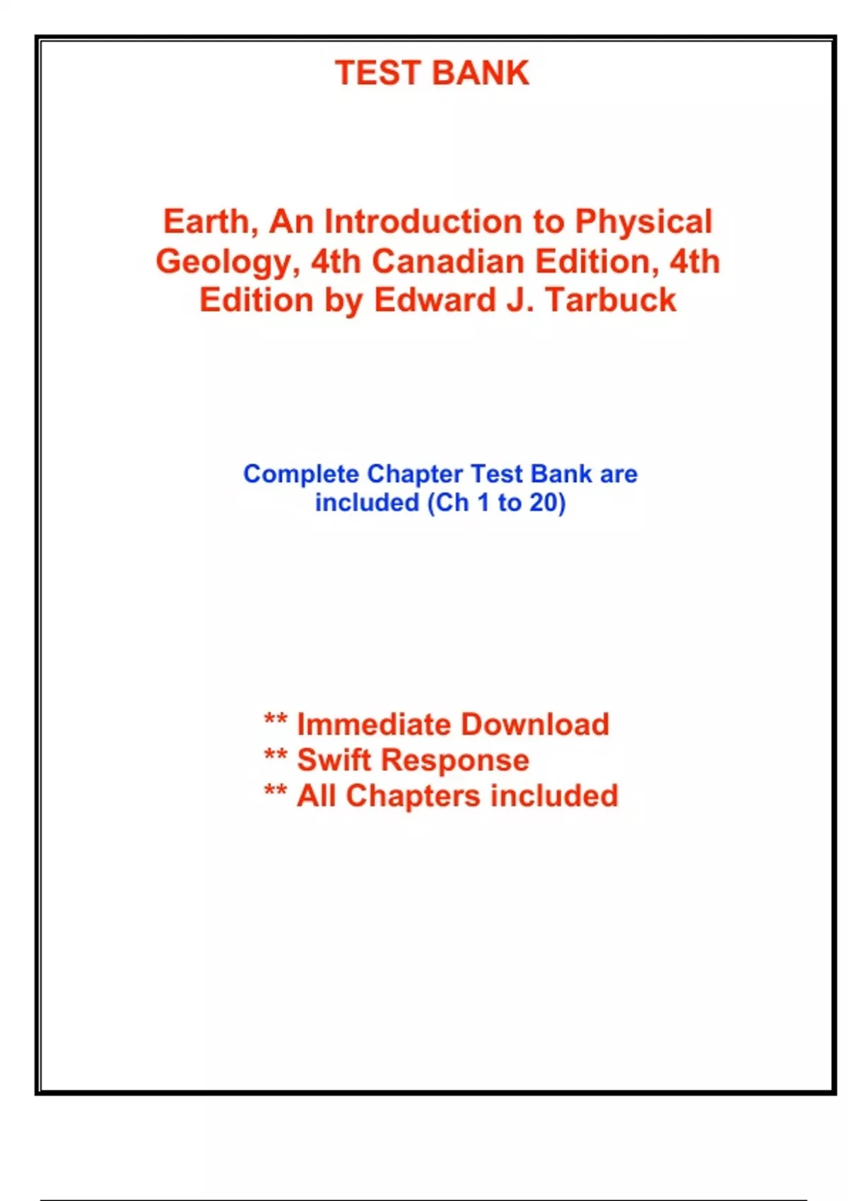 Test Bank for Earth, An Introduction to Physical Geology, 4th Canadian ...