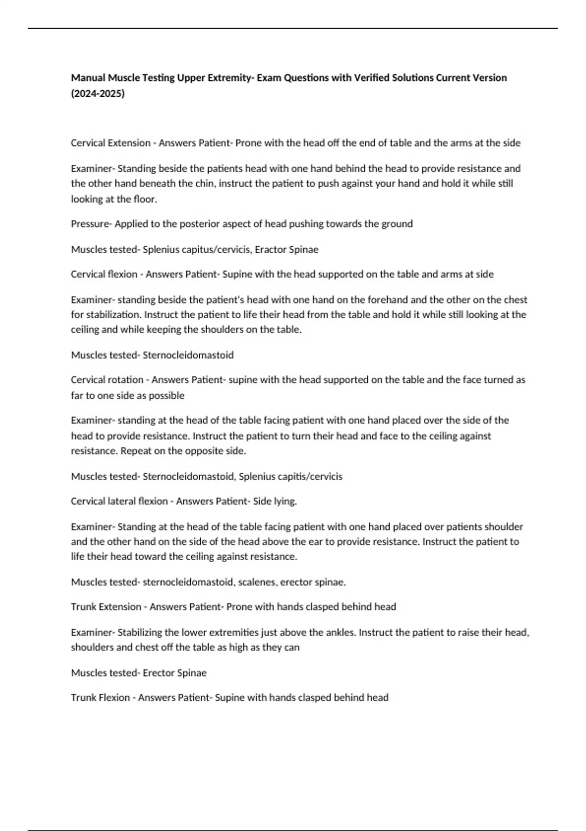 Manual Muscle Testing Upper Extremity- Exam Questions with Verified ...