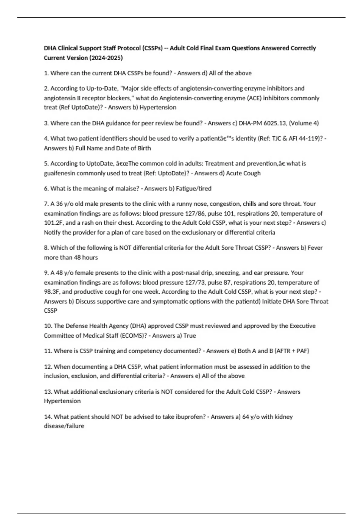 DHA Clinical Support Staff Protocol (CSSPs) -- Adult Cold Final Exam ...