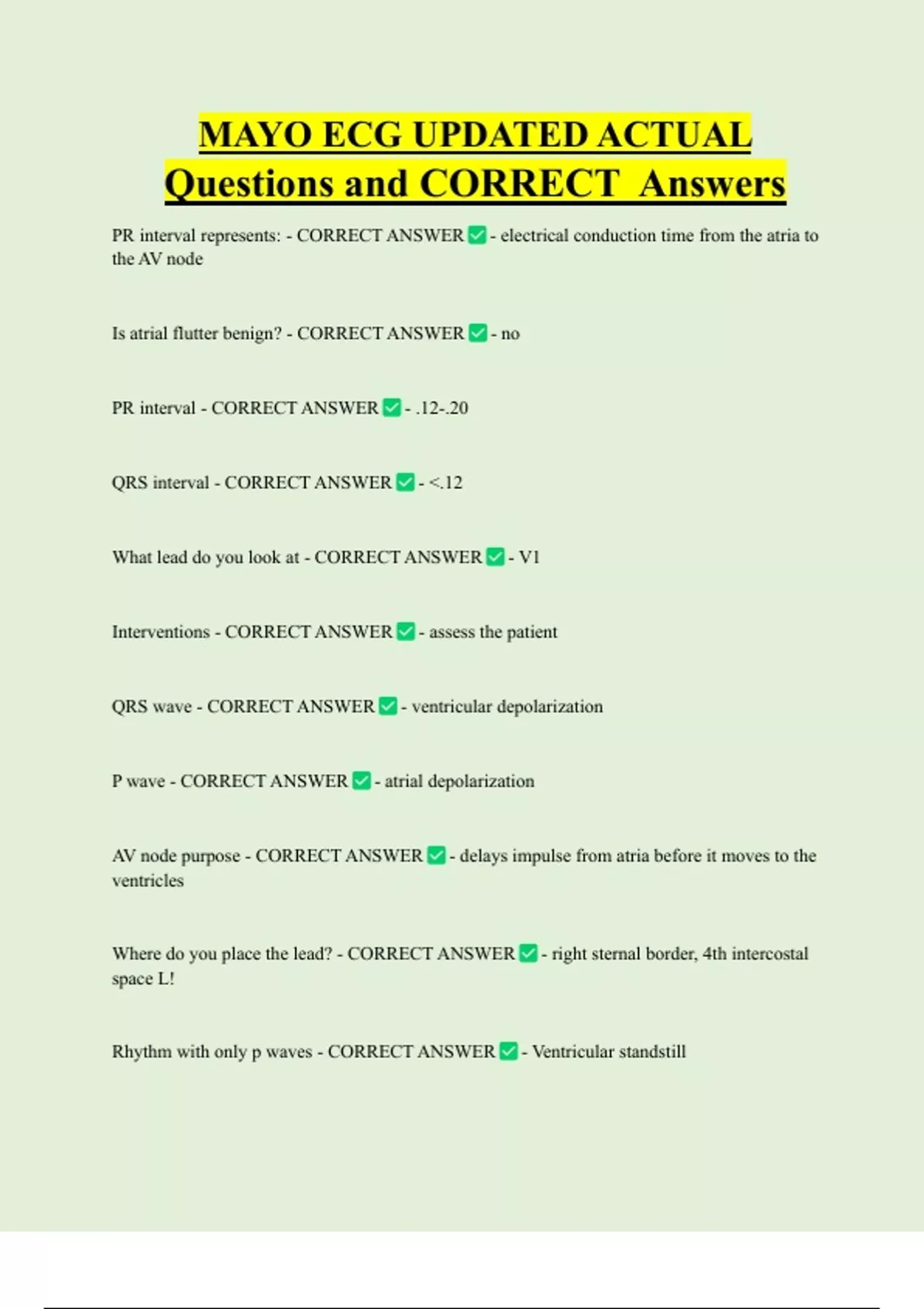 MAYO ECG UPDATED ACTUAL Questions and CORRECT Answers - MAYO ECG ...