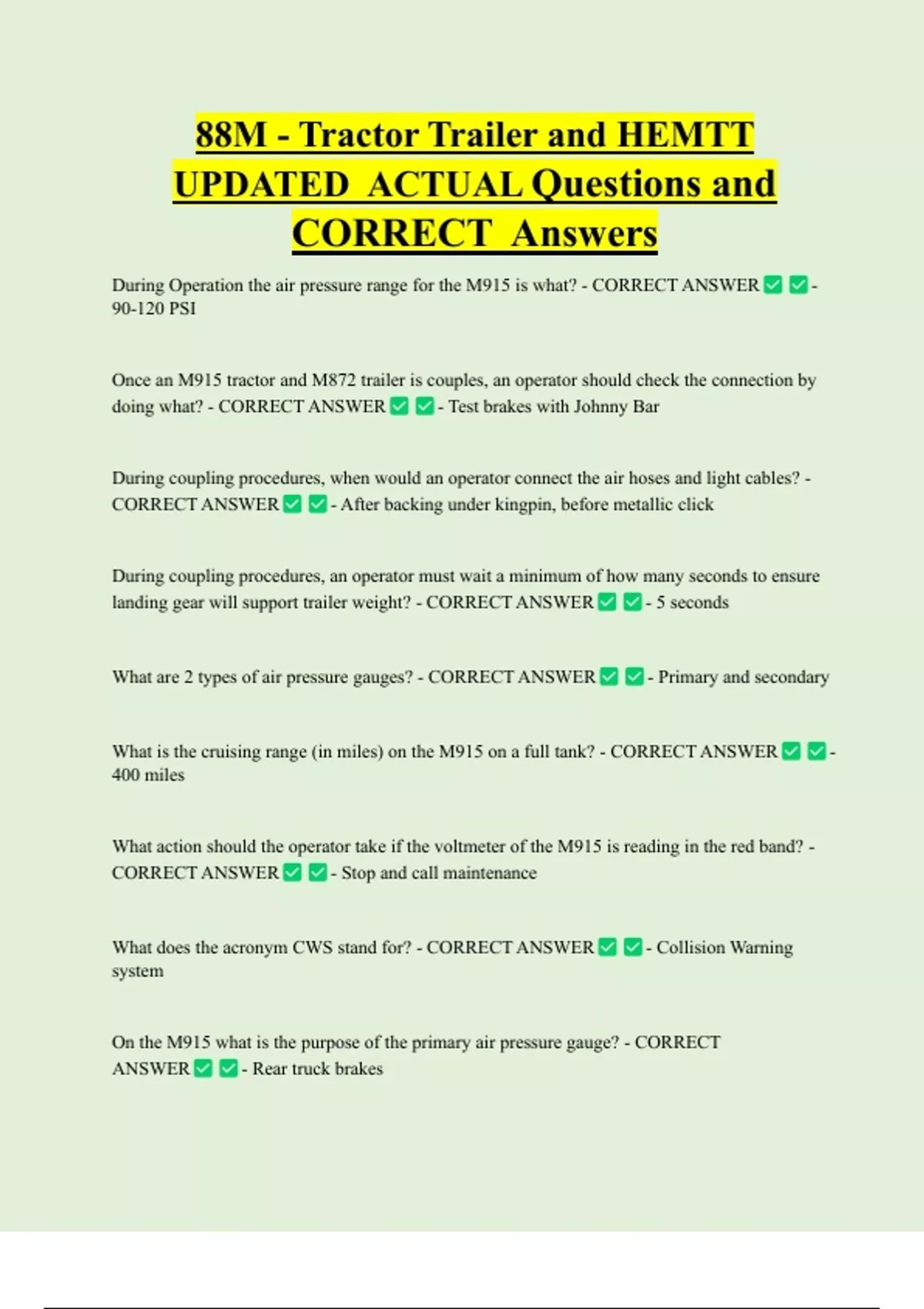 88M - Tractor Trailer and HEMTT UPDATED ACTUAL Questions and CORRECT ...