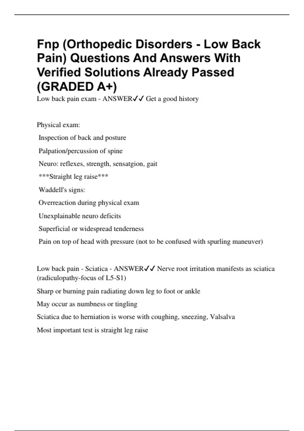 Fnp (Orthopedic Disorders - Low Back Pain) Questions And Answers With ...