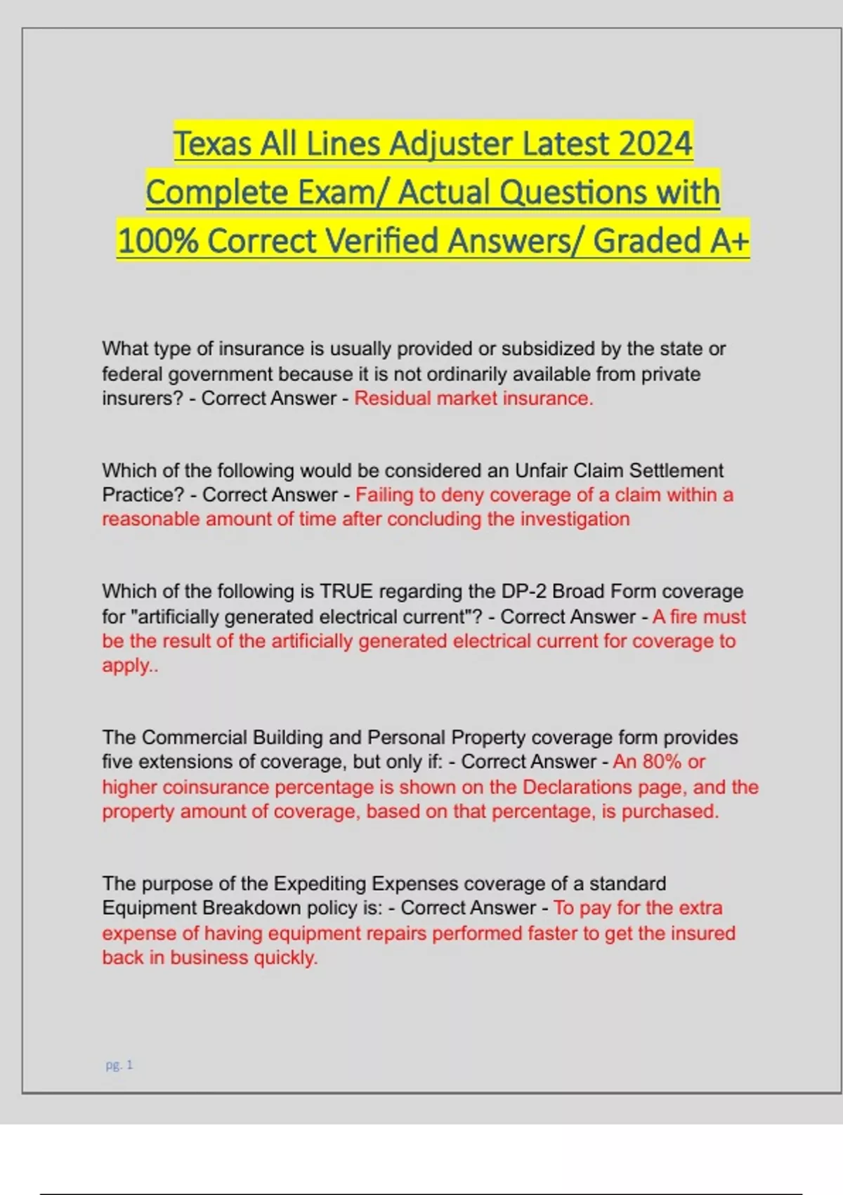 Texas All Lines Adjuster Latest 2024 Complete Exam/ Actual Questions ...