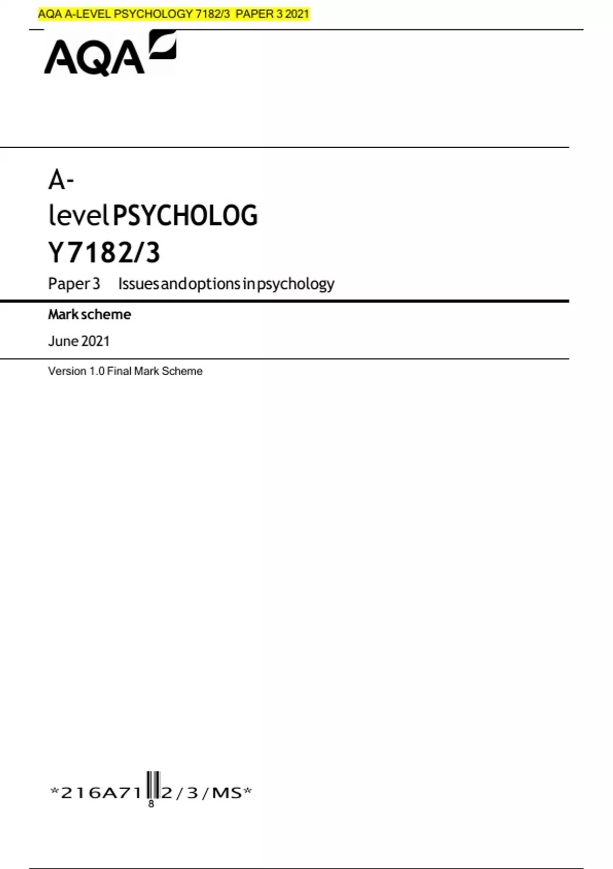 Aqa a level psychology 7182 paper 3 issues and options in psychology ...