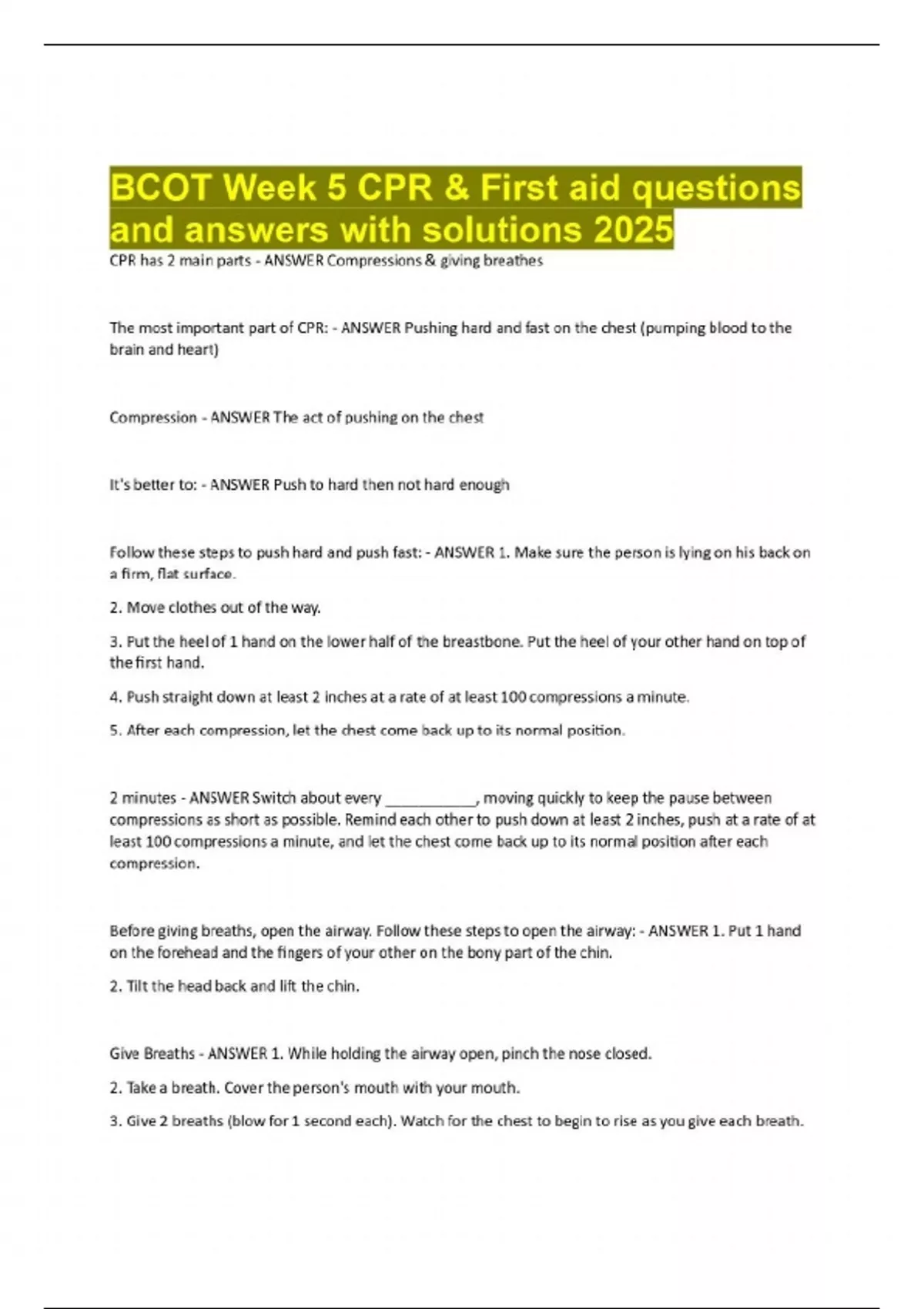 BCOT Week 5 CPR & First aid questions and answers with solutions 2025 ...