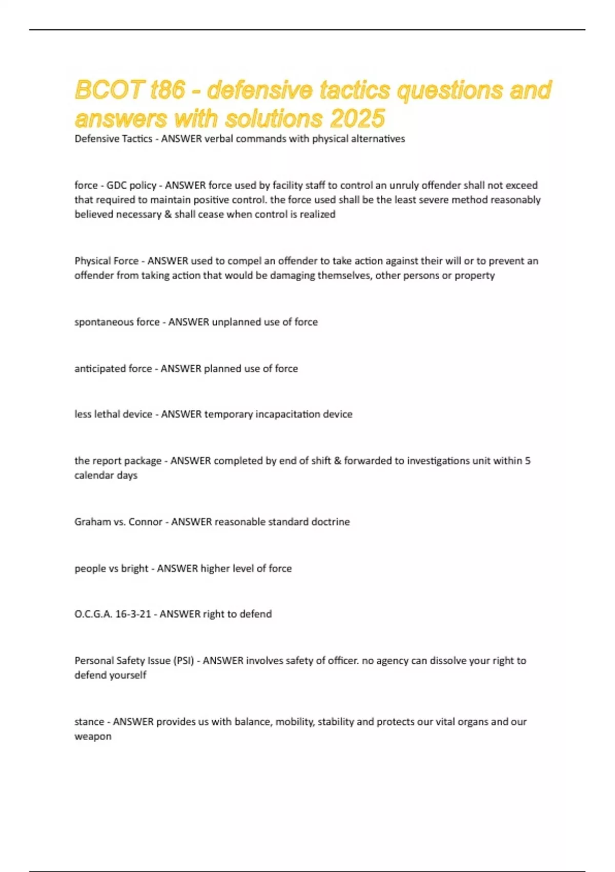 BCOT t86 - defensive tactics questions and answers with solutions 2025 - BCOT - Stuvia US