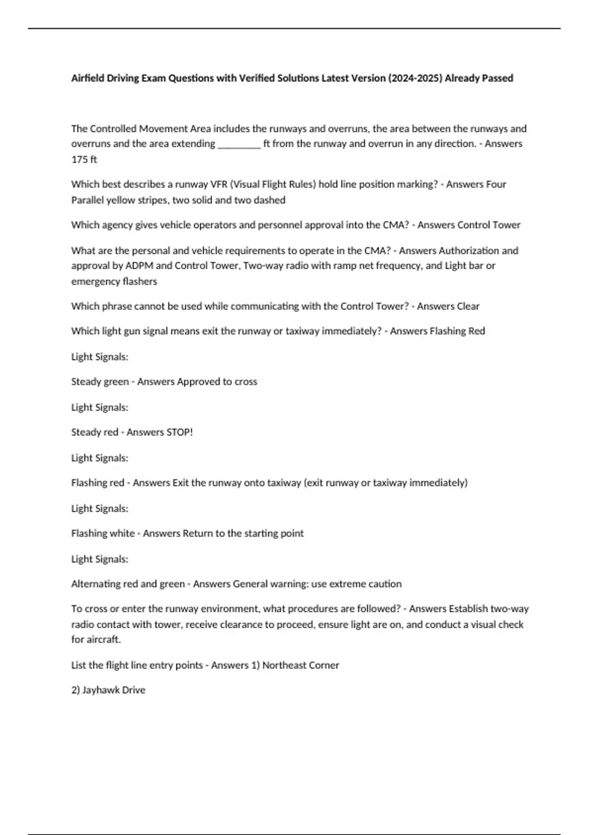 Airfield Driving Exam Questions with Verified Solutions Latest Version ...